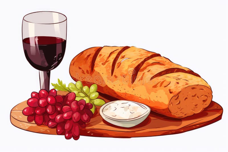 A Loaf of Bread, Grapes and a Glass of Wine. Stock Illustration ...