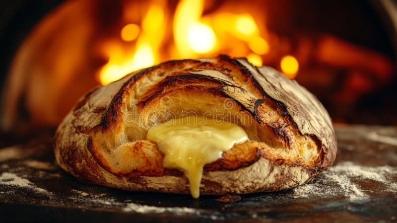 A Loaf of Bread with Melted Butter in Front of a Fire Stock ...