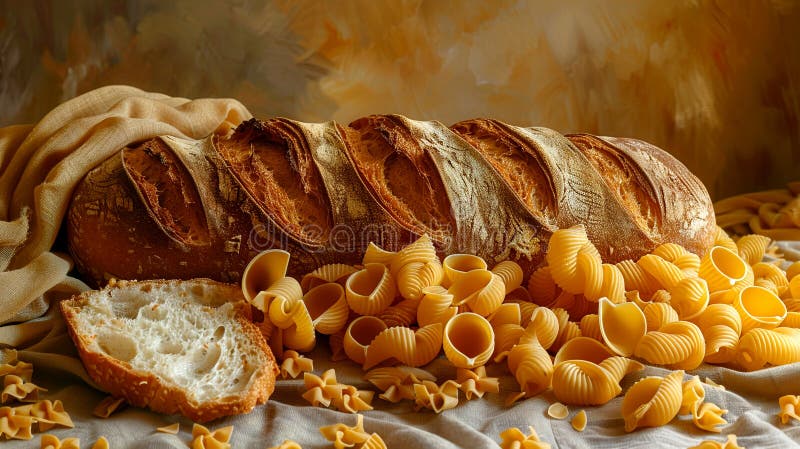 Freshly Baked Bread Alongside Various Pasta Shapes on a Textured ...