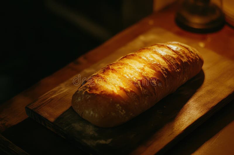 A Loaf of Bread Rests on a Cutting Board Placed on a Table. Stock Image ...