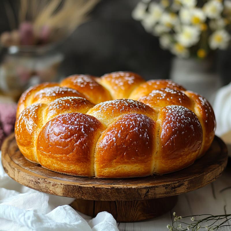 A Loaf of Bread Sitting on Top of a Wooden Cake Stand Stock Image ...