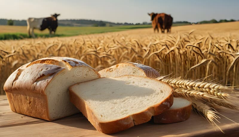 A Loaf of Bread is Sitting on a Wooden Table in Front of a Wheat Field ...