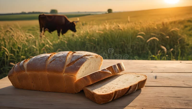 A Loaf of Bread is Sitting on a Wooden Table in Front of a Wheat Field ...