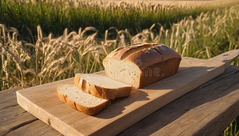 A Loaf of Bread is Sitting on a Wooden Table in Front of a Wheat Field ...