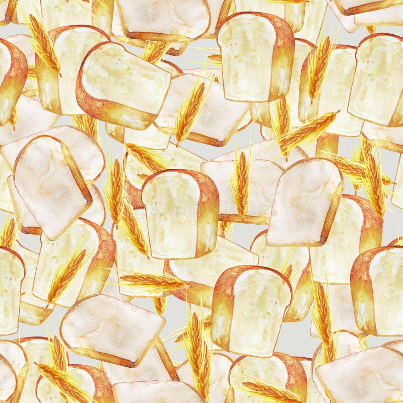 Loaf of Bread and Spikelet of Wheat Watercolor Seamless Pattern Stock ...