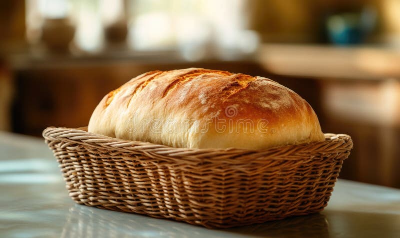 Loaf of Bread in a Wicker Basket, Farmhouse Kitchen Stock Photo - Image ...