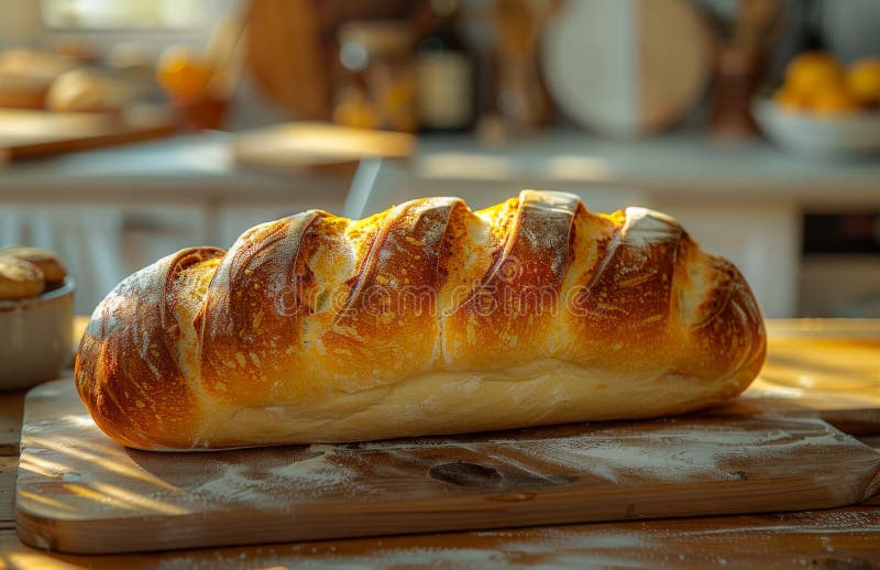 Loaf of Bread is on Wooden Board in the Kitchen Stock Image - Image of ...