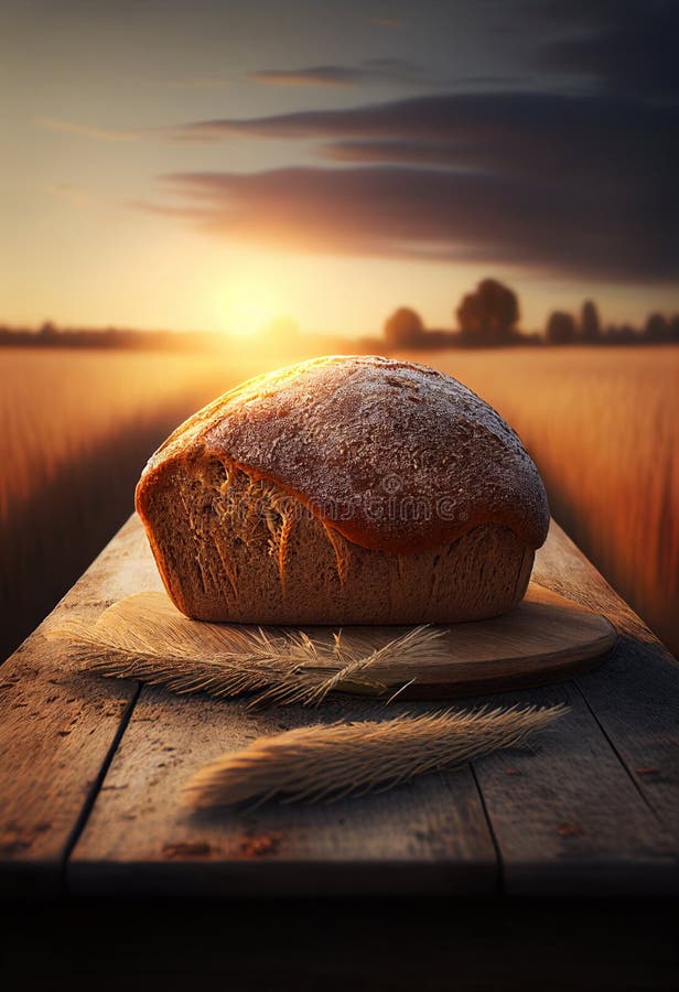 Loaf of Bread on a Wooden Table Against the Background of a Field of ...