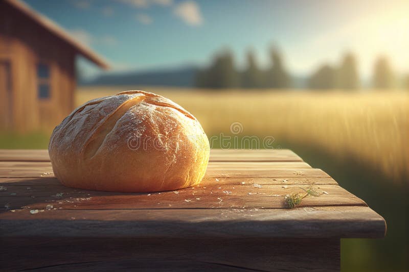 Loaf of Bread on a Wooden Table Against the Background of a Field of ...