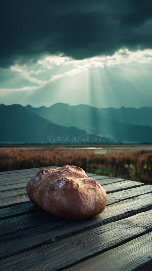 Loaf of Bread on Wooden Table, Sun Rays through Clouds Over Mountain ...
