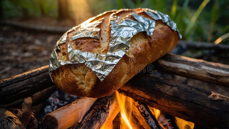 A Loaf of Bread Wrapped in Foil, Cooking Over an Open Campfire in a ...