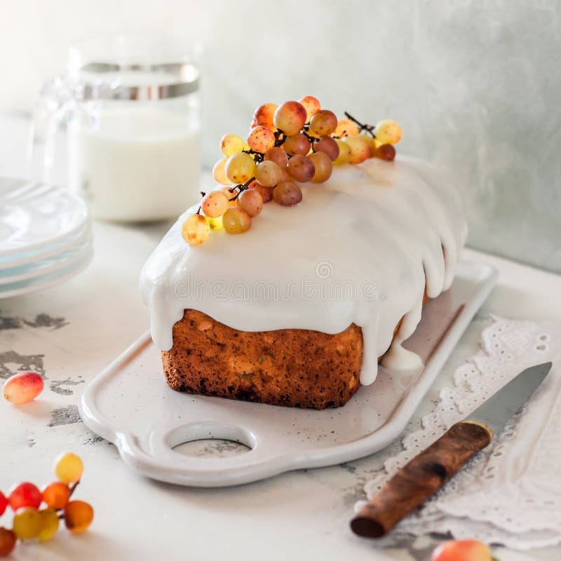 Loaf Cake with Grapes stock image. Image of fall, knife - 138167991