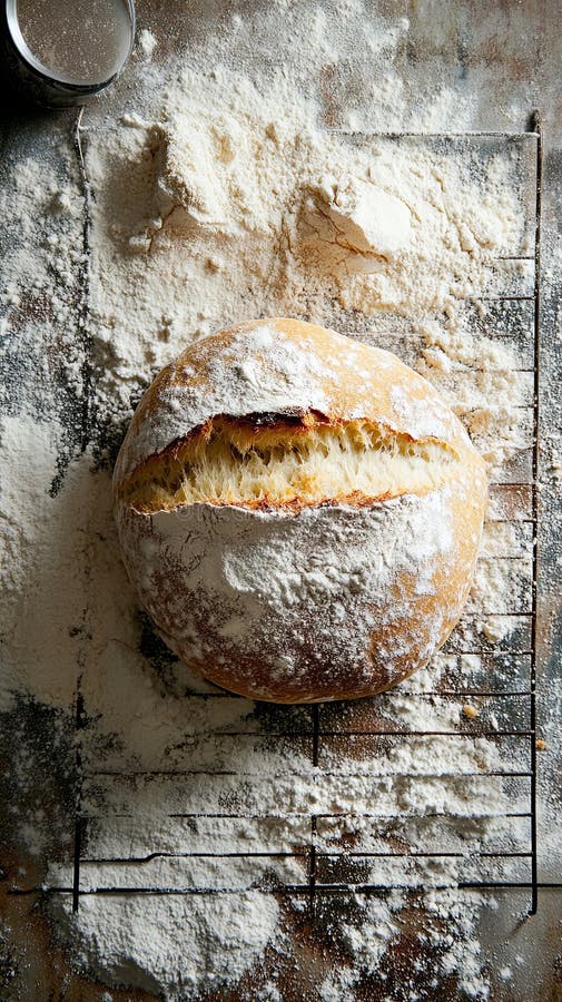 A Loaf of Fresh Bread Cooling on a Rack, Surrounded by Scattered Flour ...