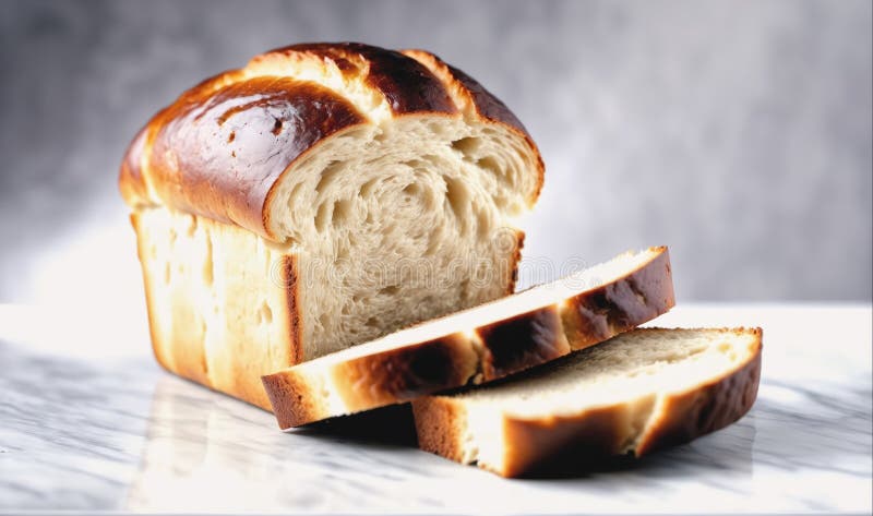 A Loaf of Fresh Bread Sits on a White Marble Surface with Three Slices ...