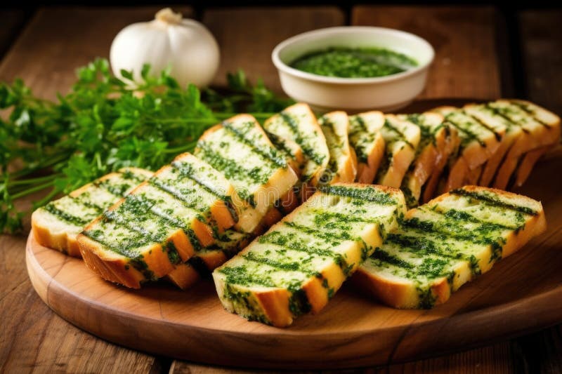 A Loaf of Grilled Bread Basted in Garlic Herb Butter, Sliced Stock ...