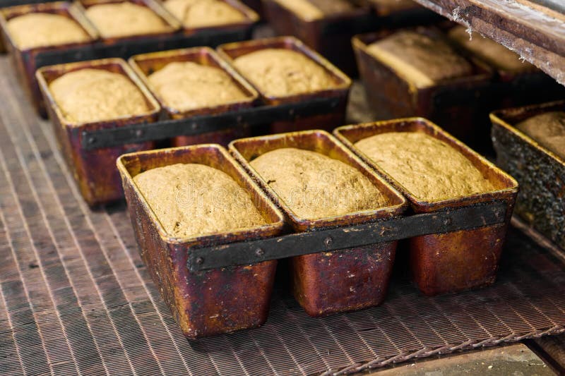 Loaf Pans Filled with Fermented Dough Awaiting Baking in a Busy Bakery ...