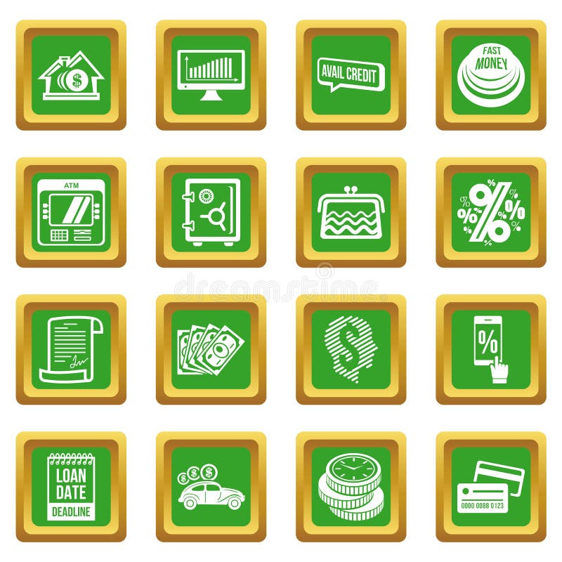 Loan Credit Icons Set Green Square Vector Stock Vector - Illustration ...