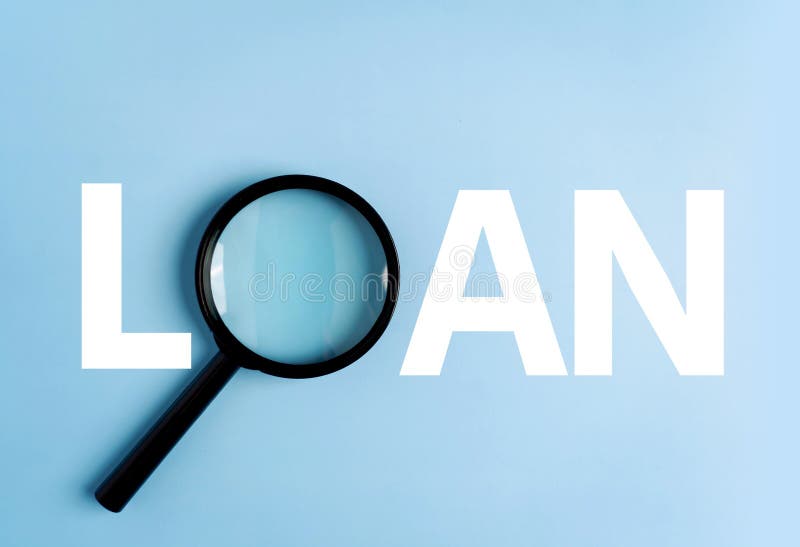Loan Word Created with Magnifying Glass on Blue Background Stock Image ...
