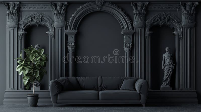 The Lobby Features a Modern Sofa, Classical Columns, and a Dark Wall As ...