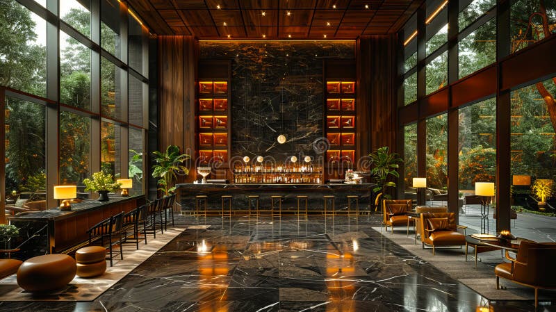 The Lobby of a Hotel with Large Windows Stock Image - Image of plant ...