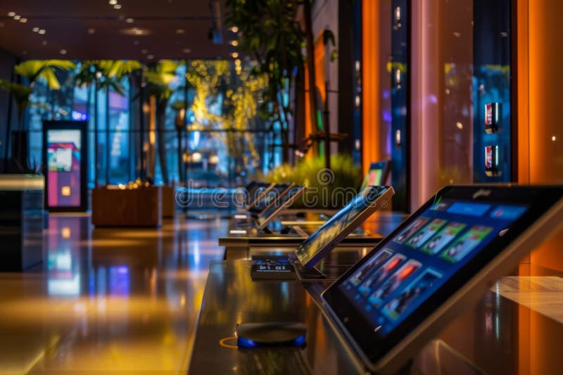 Within the Lobby of the Hotel, a Tablet is Positioned on a Table Stock ...