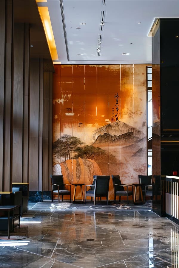 A Lobby with a Large Painting on the Wall Stock Photo - Image of hall ...