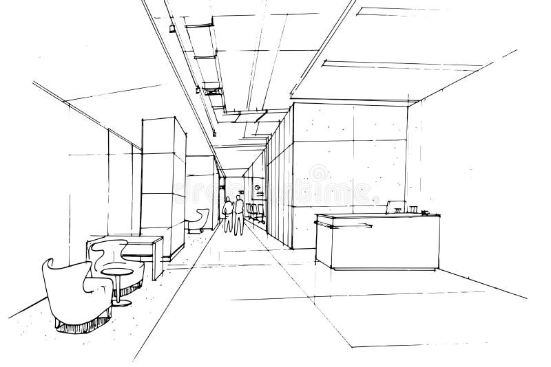 Sketch Interior Perspective Reception Black White Design Stock ...