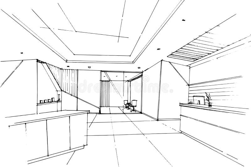 Lobby Office Sketch Drawing,office Reception Area,Modern Design,vector ...