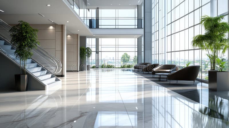 Lobby with Staircase and Planters Stock Photo - Image of office ...