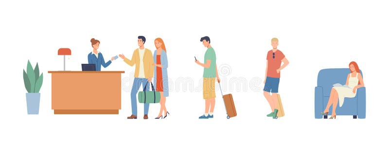 The Lobby with the Tourists in the Queue. Stock Vector - Illustration ...
