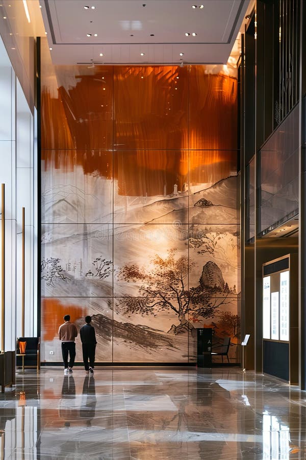 A Lobby with Two People Walking in Front of a Large Painting Stock ...