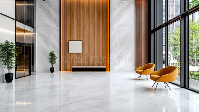 A Lobby with Yellow Couches and Chairs and Tables Stock Photo - Image ...