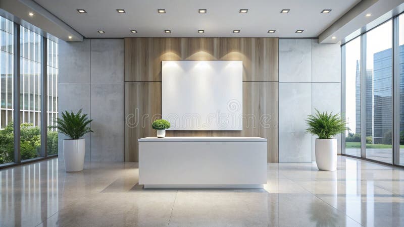 A Lobby with a White Rectangular Table and a White Rectangular Object ...