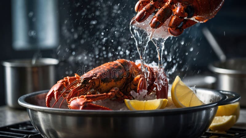 A Lobster Being Prepared with Lemon Slices and Water Splashing in a ...