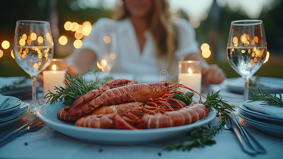 Lobster Dinner Outdoors with Woman, String Lights, Candles Stock ...