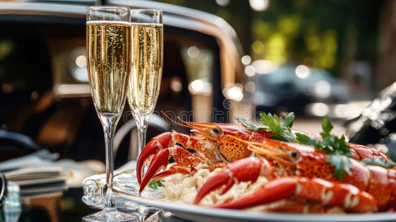 Lobster Dish with Champagne Served in Luxury Car Stock Illustration ...