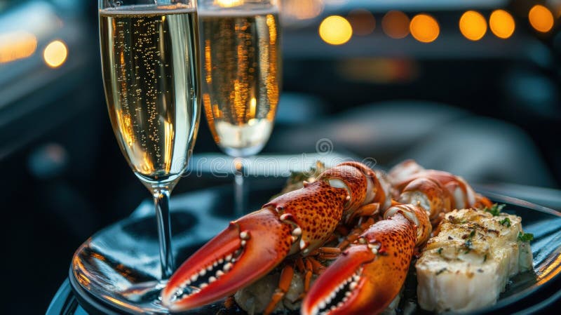 Lobster Dish with Champagne Served in Luxury Car Stock Illustration ...