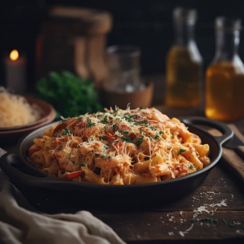 Lobster Pasta on Stone in Rustic Pub. Generative AI Stock Illustration ...