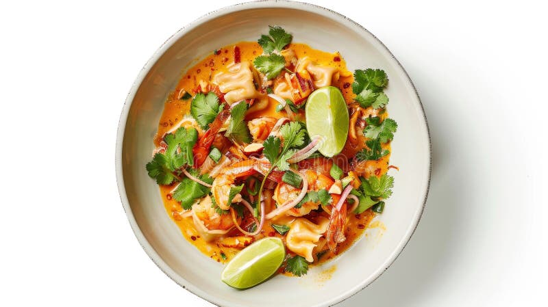 Lobster Ravioli in Thai Curry Sauce with Crispy Shallots and Lime Wedge ...