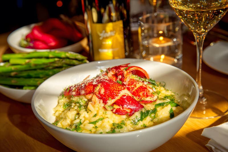 Lobster Risotto with Herb Oil Drizzle, Backlight through Wine Glass ...