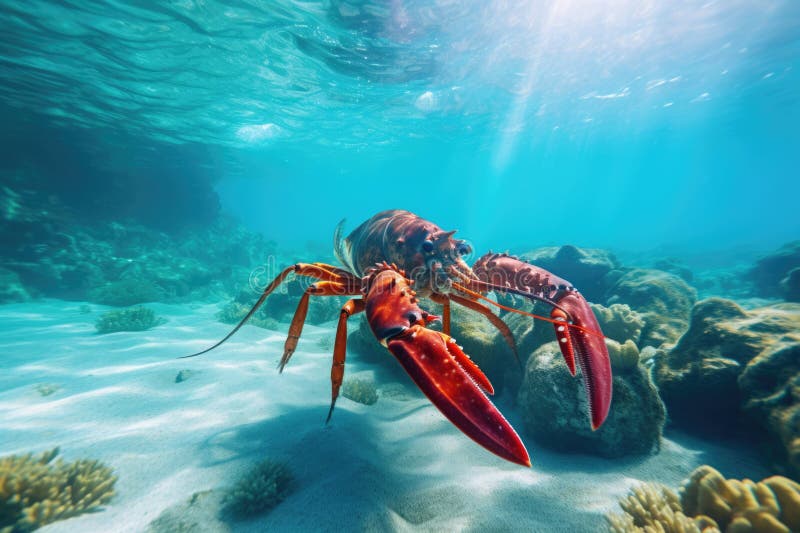 A Lobster Swimming Underwater in Tropical Ocean. Stock Image - Image of ...