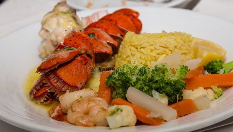 Lobster Tail with Shrimp Vegetables and Rice Stock Image - Image of ...