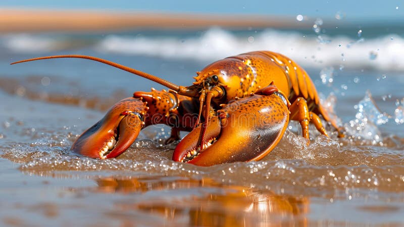 A Lobster is Walking on the Beach with Water Splashing Stock Photo ...