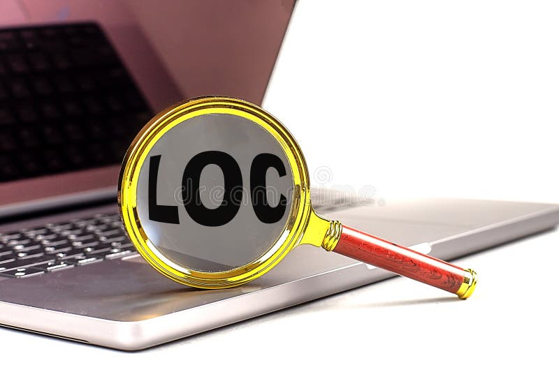 LOC Word on Magnifier on Laptop , White Background Stock Image - Image ...