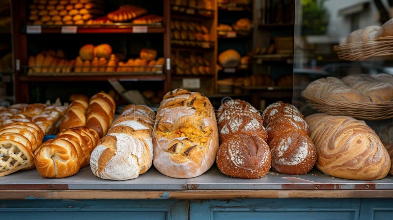 Bakery Shop Window and Display. Various Types of Bread Stock ...