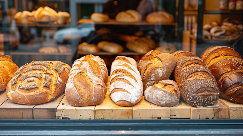 Bakery Shop Window and Display. Various Types of Bread Stock ...