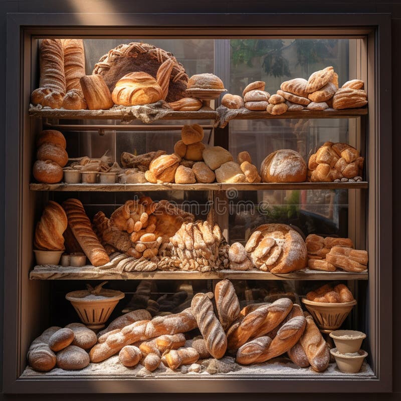 Bakery Shop Window and Display. Various Types of Bread Stock ...