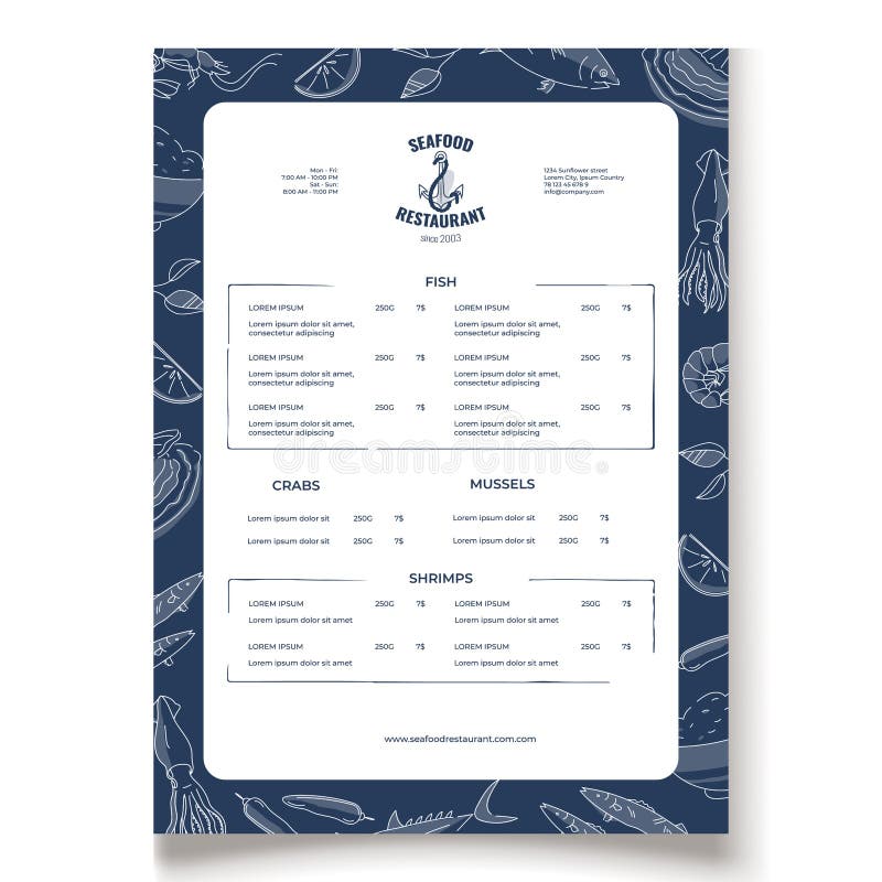 Local Fish and Seafood Restaurant Menu Template Stock Vector ...