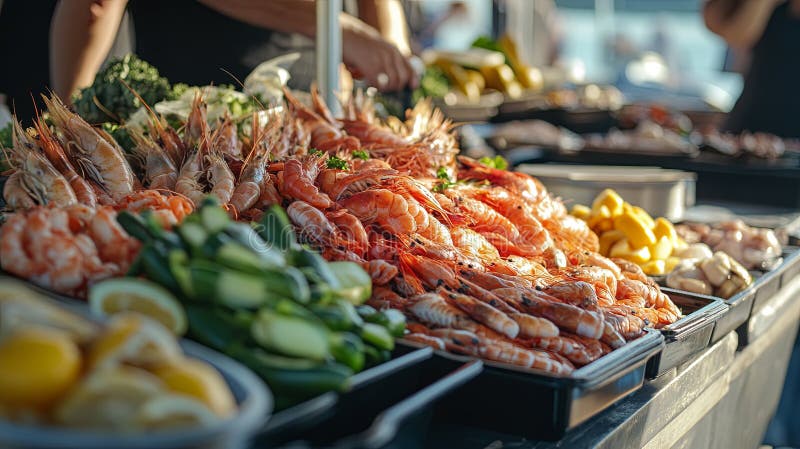 Local Food Stall with Fresh Seafood and Vegetables. Stock Image - Image ...