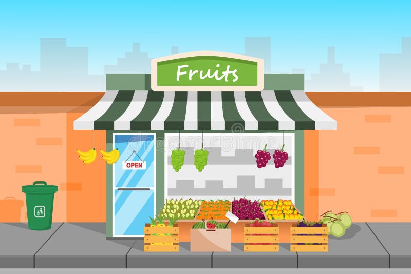 Local Fruit Store Building on Pedestrian Area. Vector Illustration ...